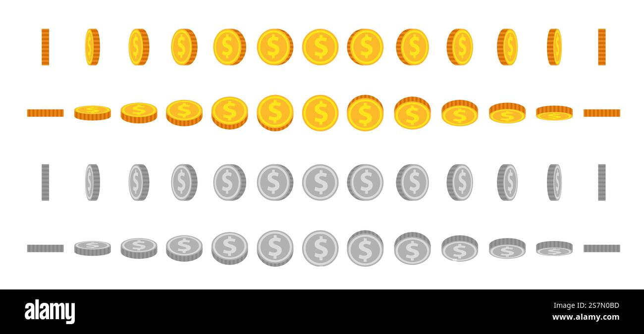 Cartoon coin animation sprites. Gold and silver coins flip and rotate ...