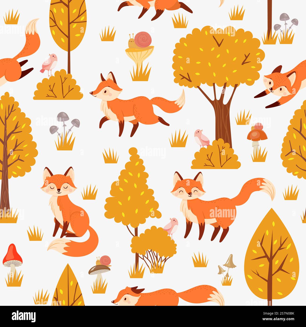 Seamless forest foxes pattern. Cute red fox among yellow trees, wild ...