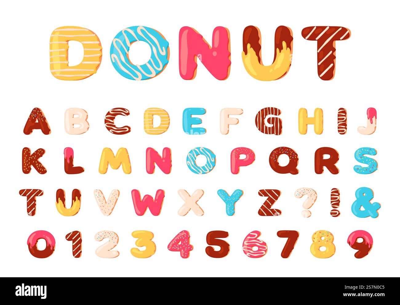 Donuts alphabet. Sweet doughnut font letters and numbers with icing ...