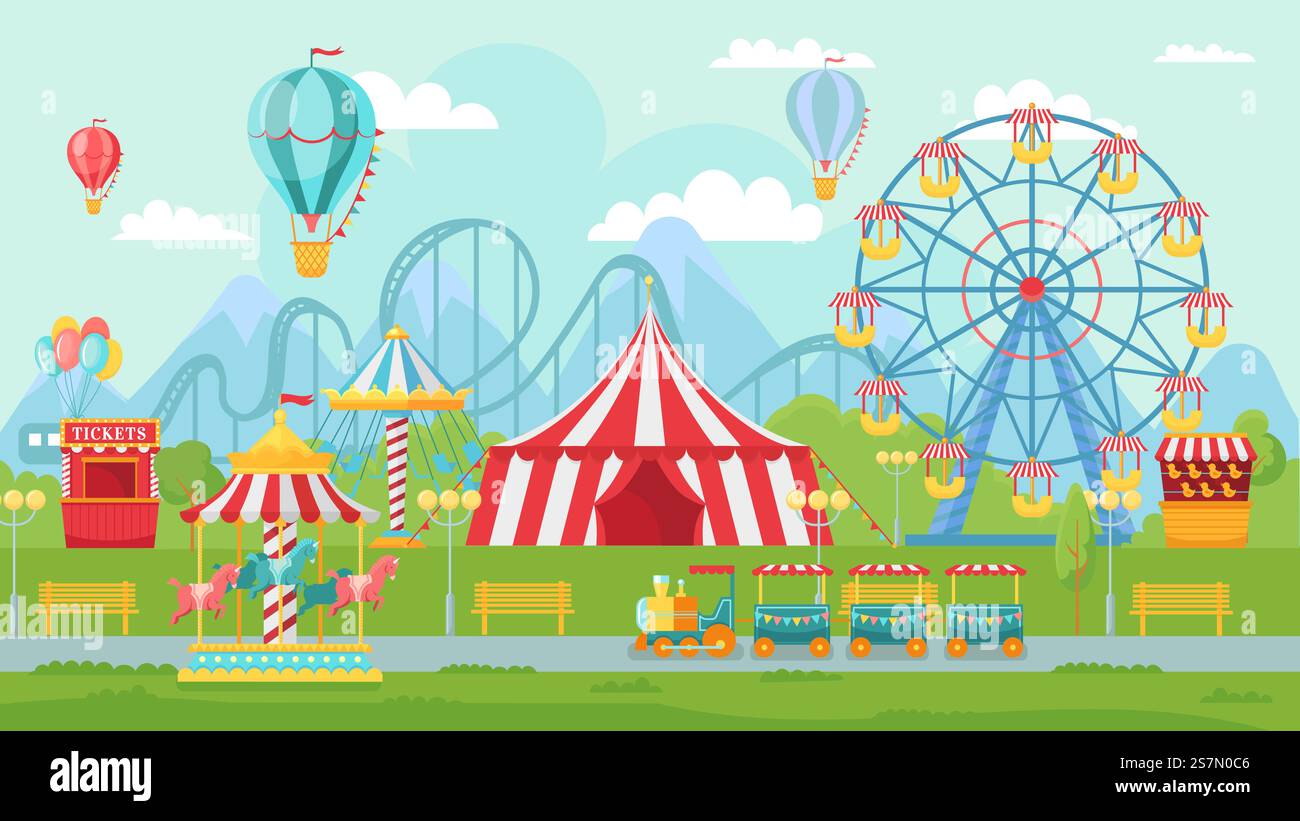 Amusing park festival. Amusement attractions landscape, kids carousel ...