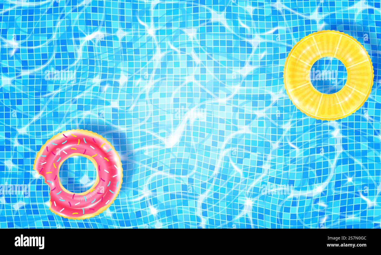 Swimming pool with floating ring, caustic ripple and sunlight glare ...