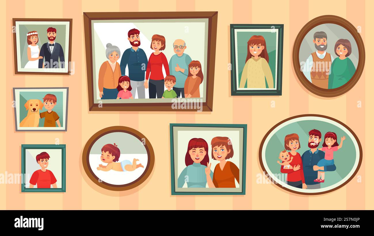 Cartoon family photo frames. Happy people portraits in wall picture ...