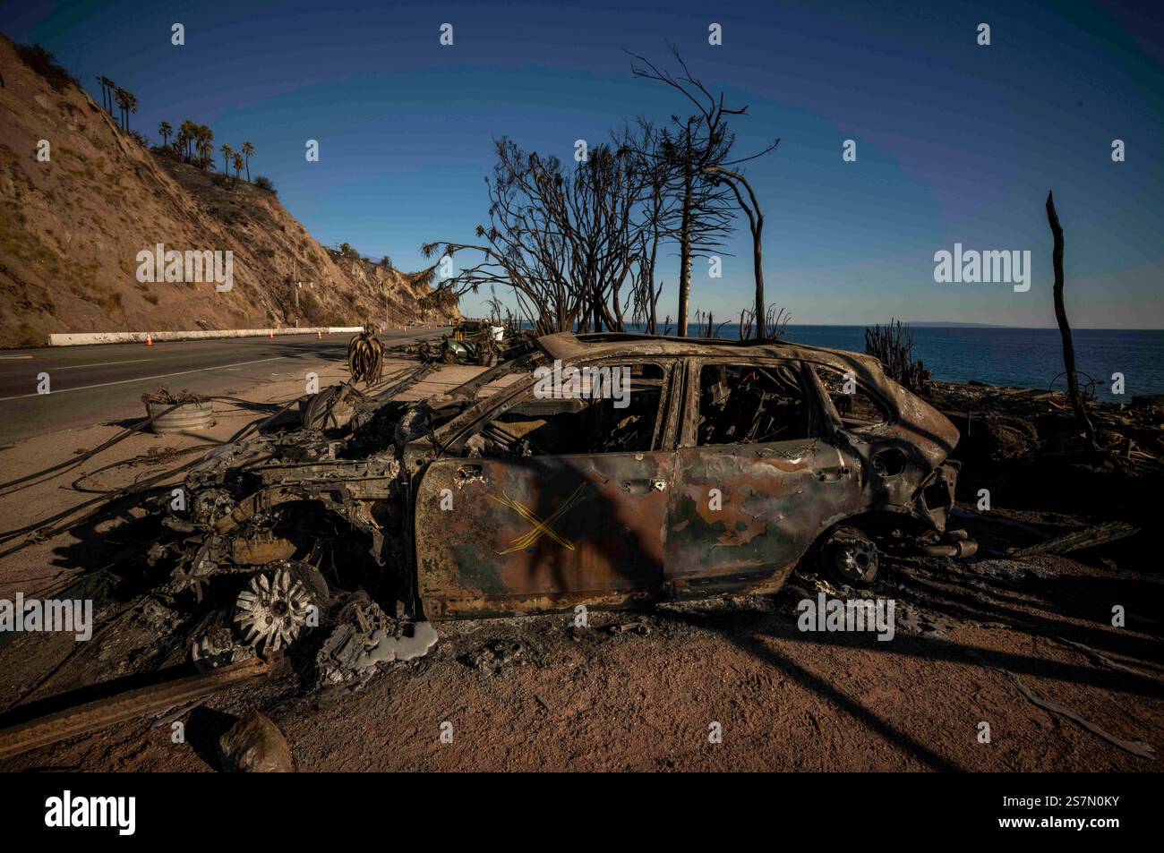 Malibu, California, USA. 15th Jan, 2025. Damaged structures are seen after the Palisades Fire ...