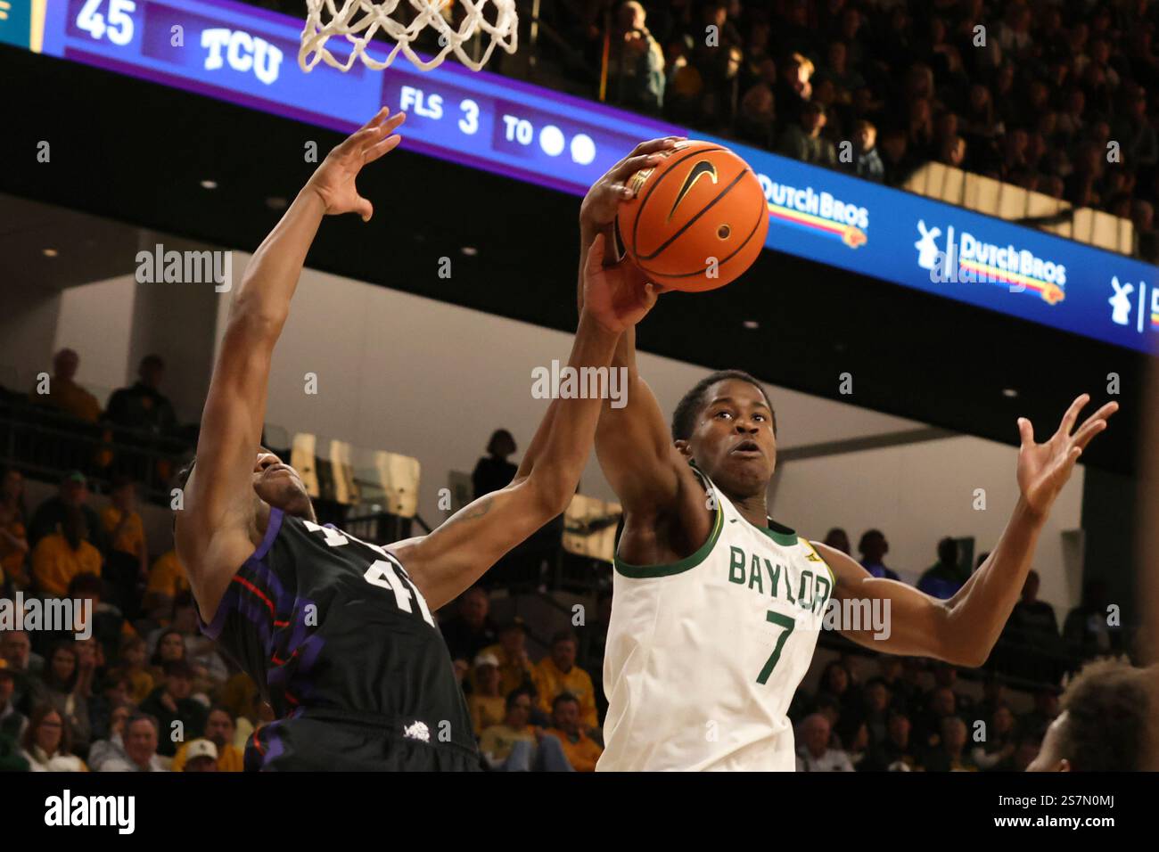 Baylor guard VJ Edgecombe (7) grabs a rebound from TCU guard Jace Posey ...