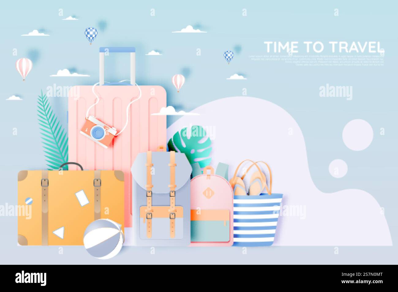 Travel various items in paper art style with pastel color scheme ...