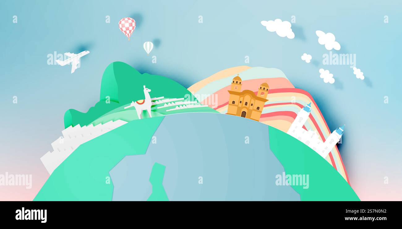 Peru travel with Machu Picchu background and paper art with pastel ...