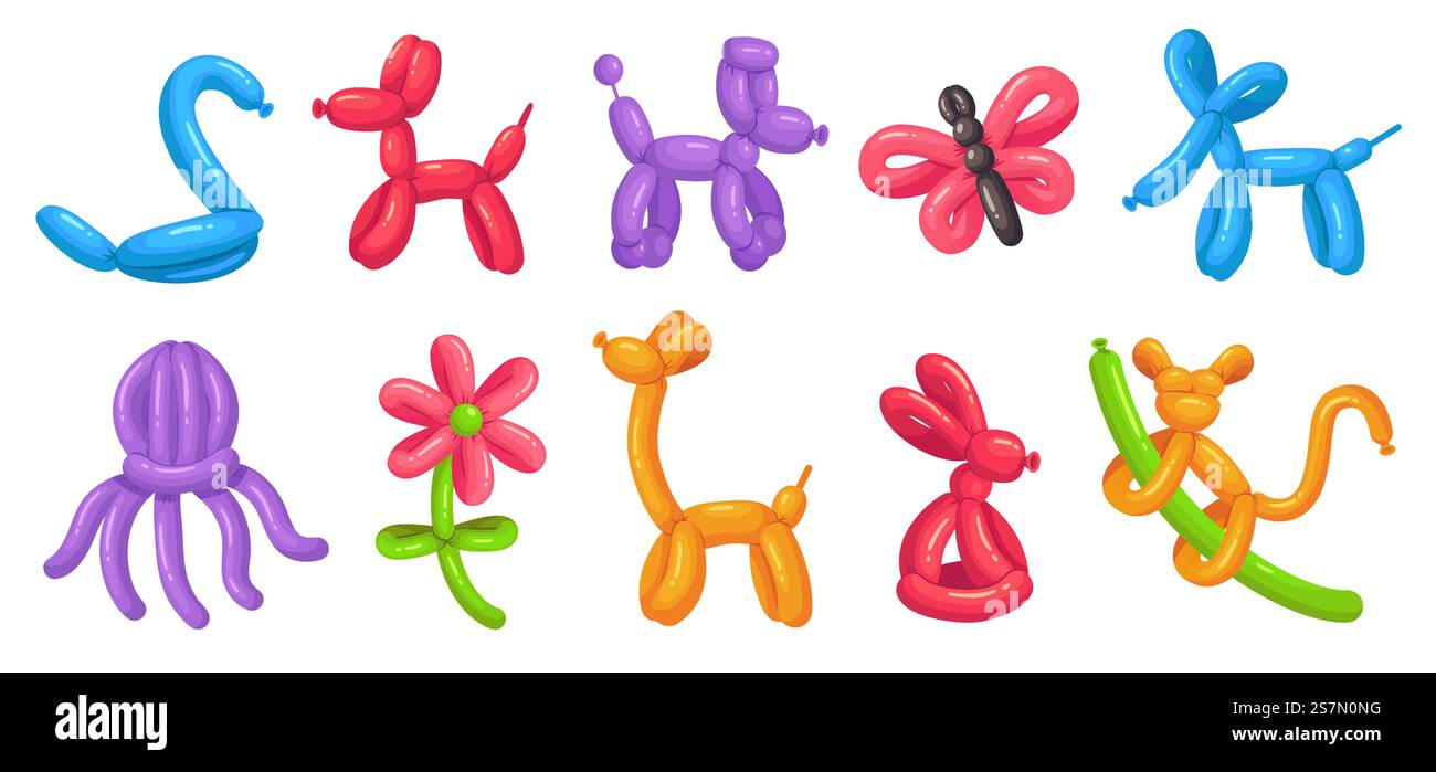 Cartoon balloon animals. Birthday balloons, holiday celebration ...