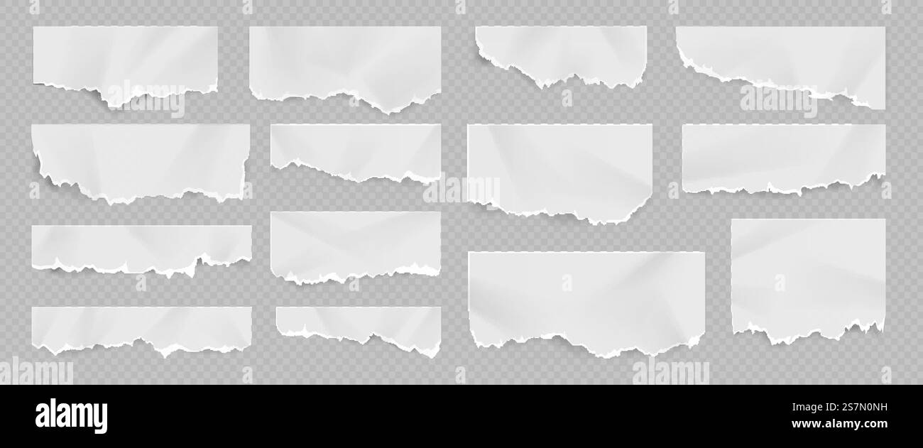 Realistic torn and ripped white paper sheet with folds. Notebook page ...