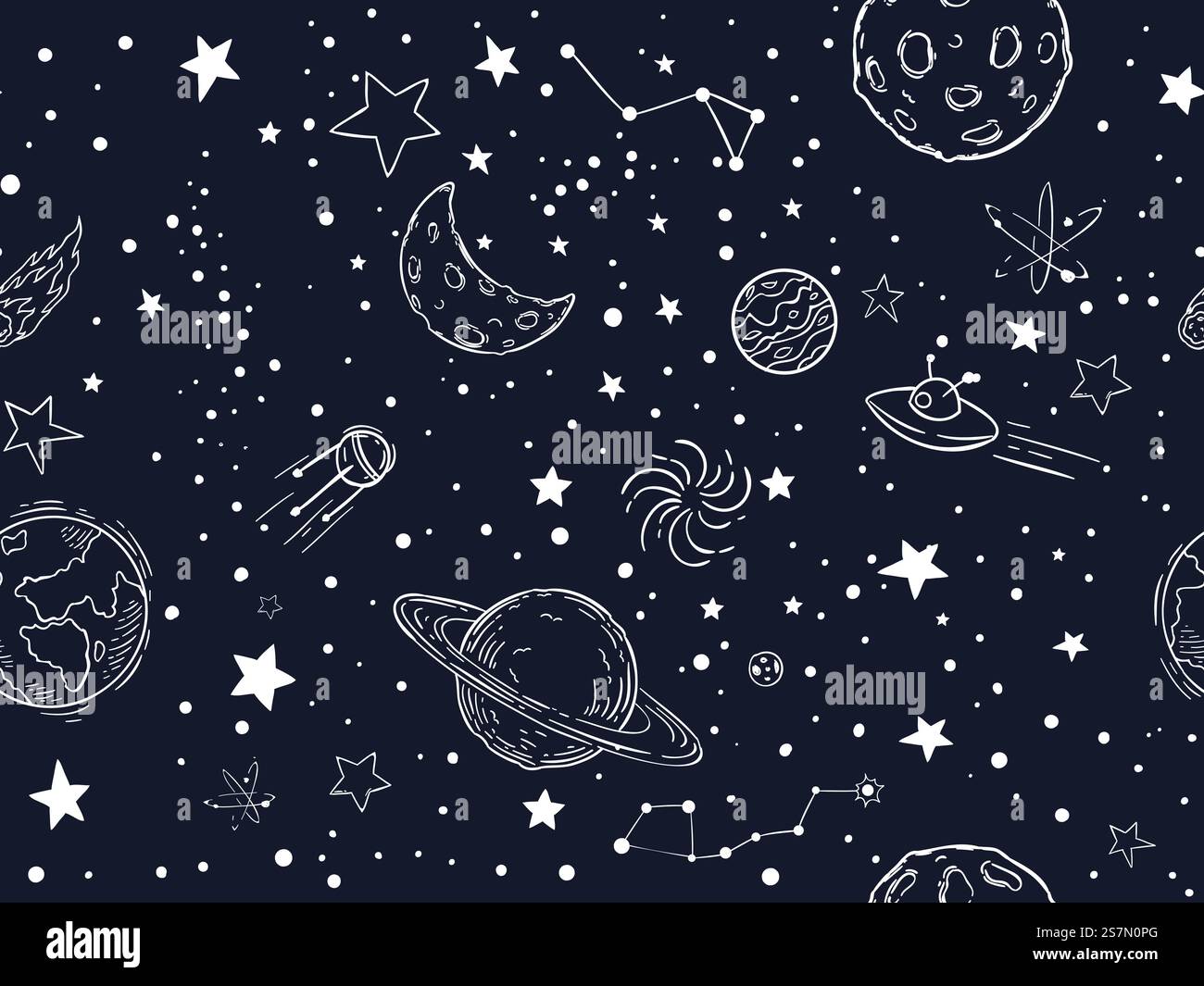 Seamless night sky stars pattern. Sketch moon, space planets and hand ...