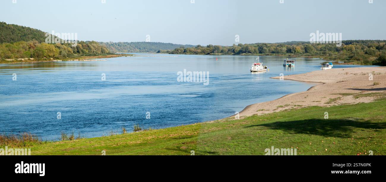 The early Autumn panoramic view of Neman River and a small beach in ...