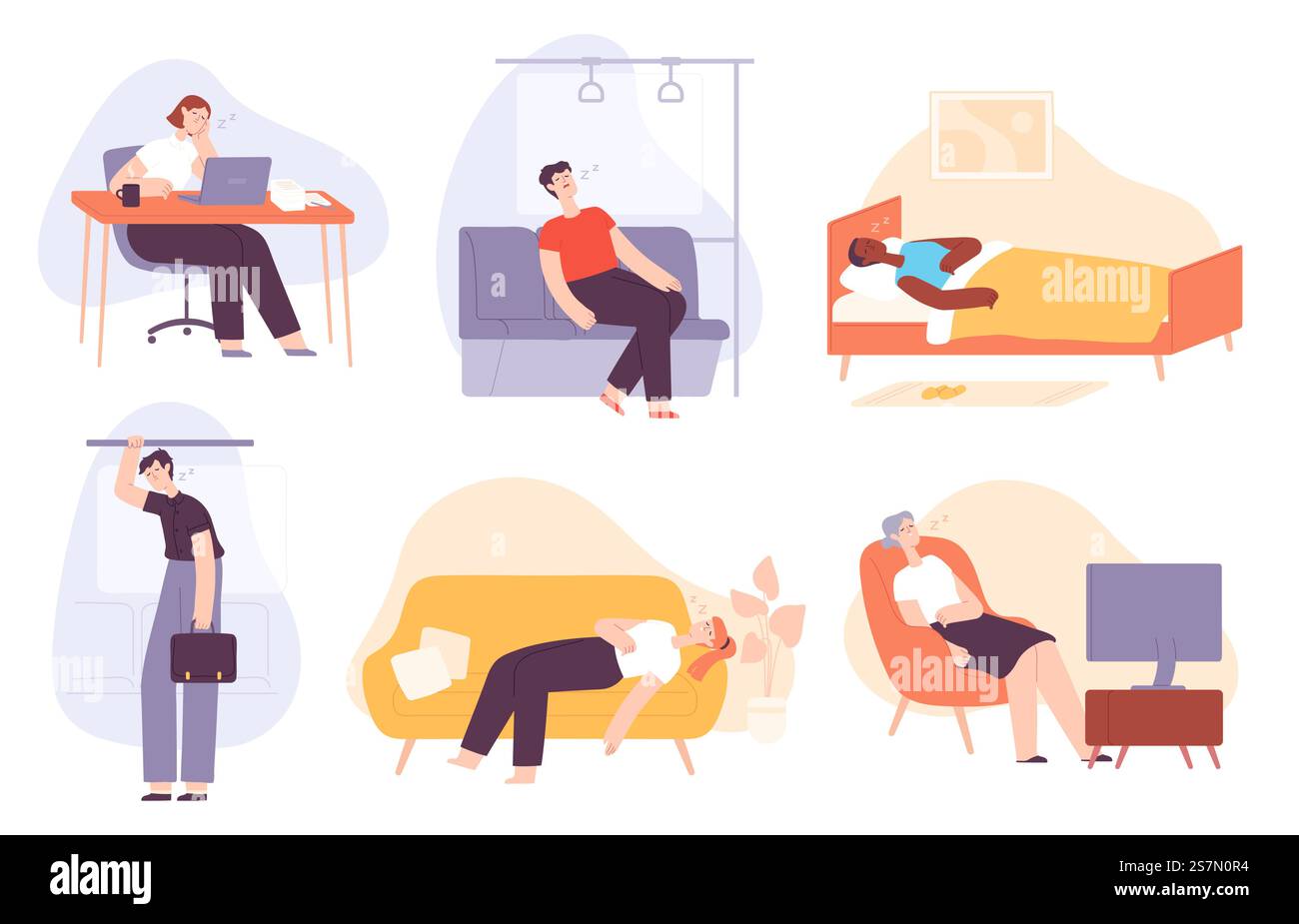 Sleepy people. Tired, lazy and sleeping man and woman at home, in bed ...