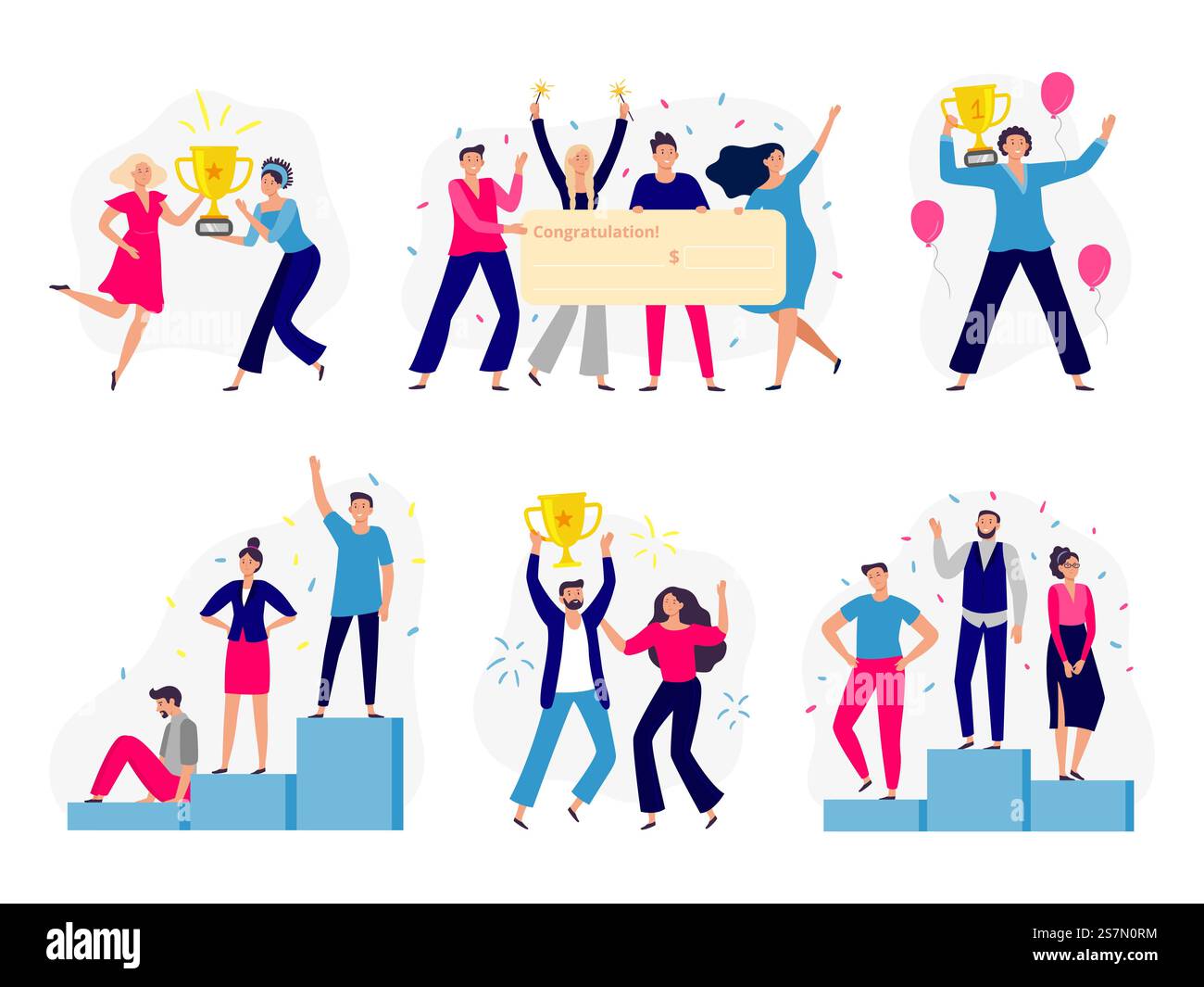 Winners people. Happy couple win gold cup, office workers team win cash check and successful ...