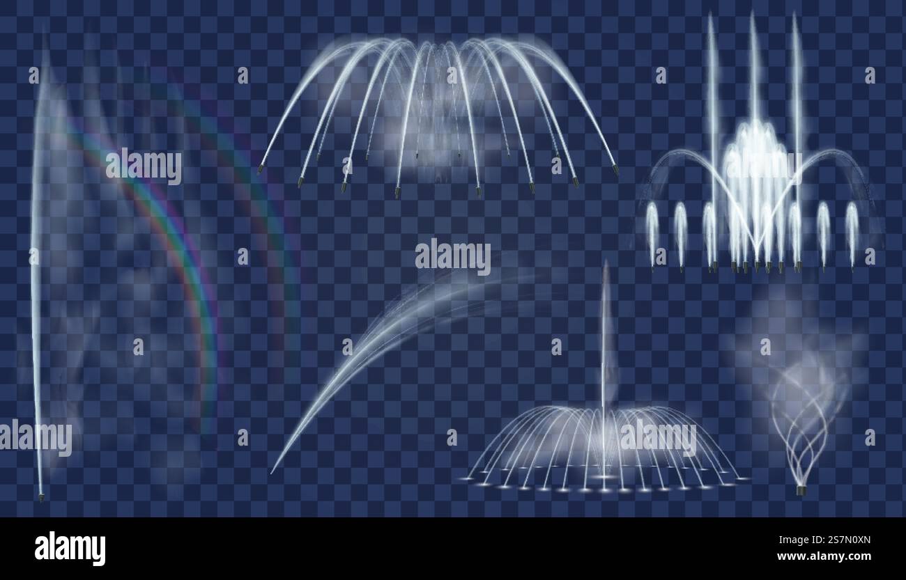 Realistic fountain. 3d decorative water jets and curved sprays cascade ...