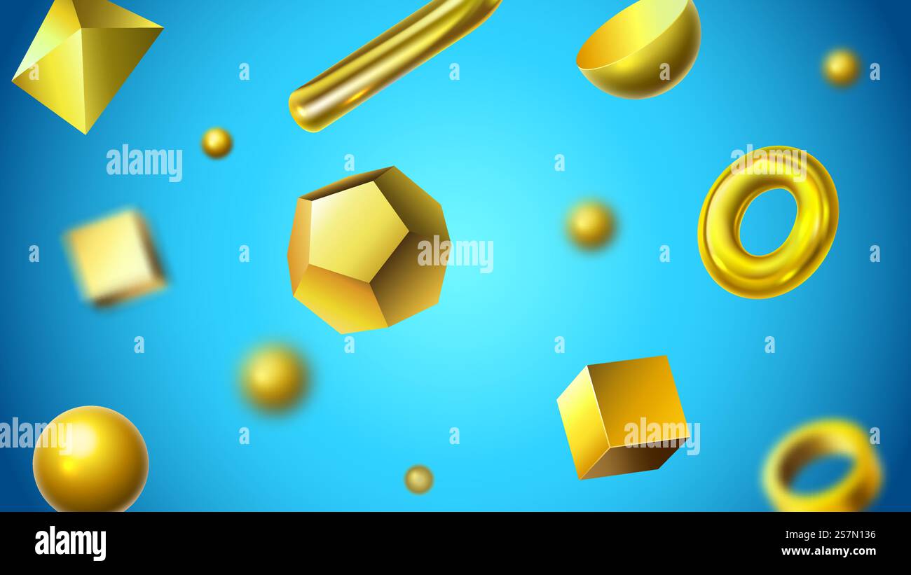 Golden abstract 3D geometric shapes. Shiny gold objects, realistic ...