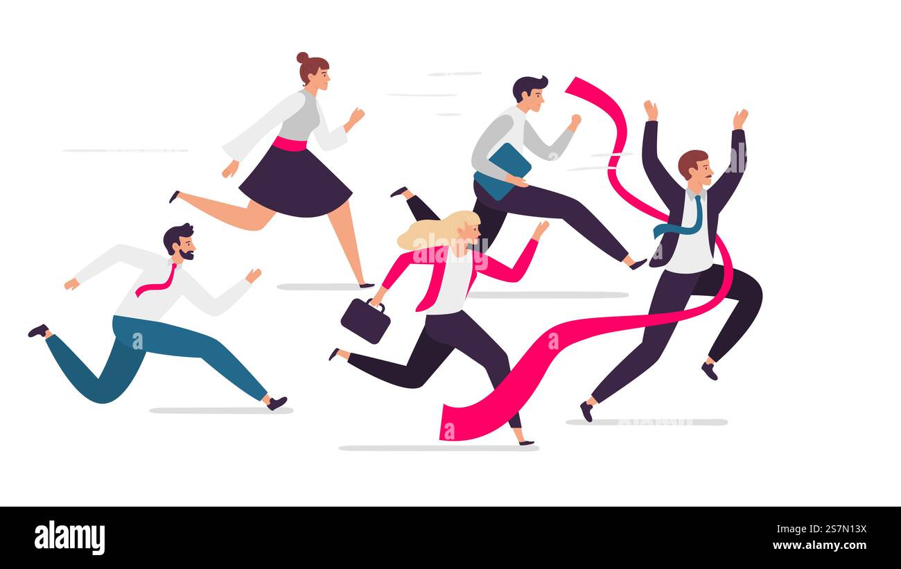 Office team crosses finish line. Team leader tears red finish ribbon ...