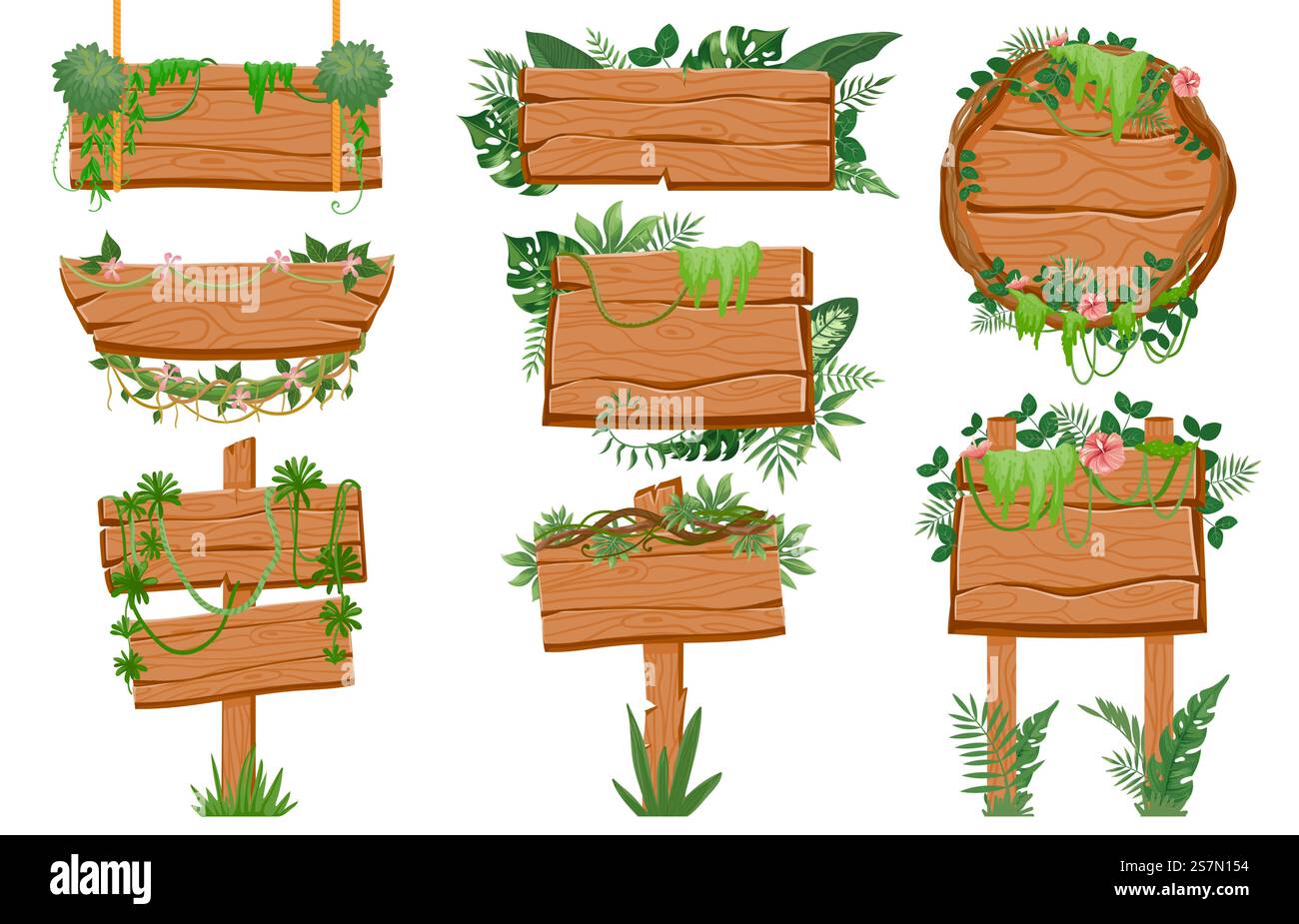 Jungle wooden signboards. Wood board with tropic leaves, moss and liana ...