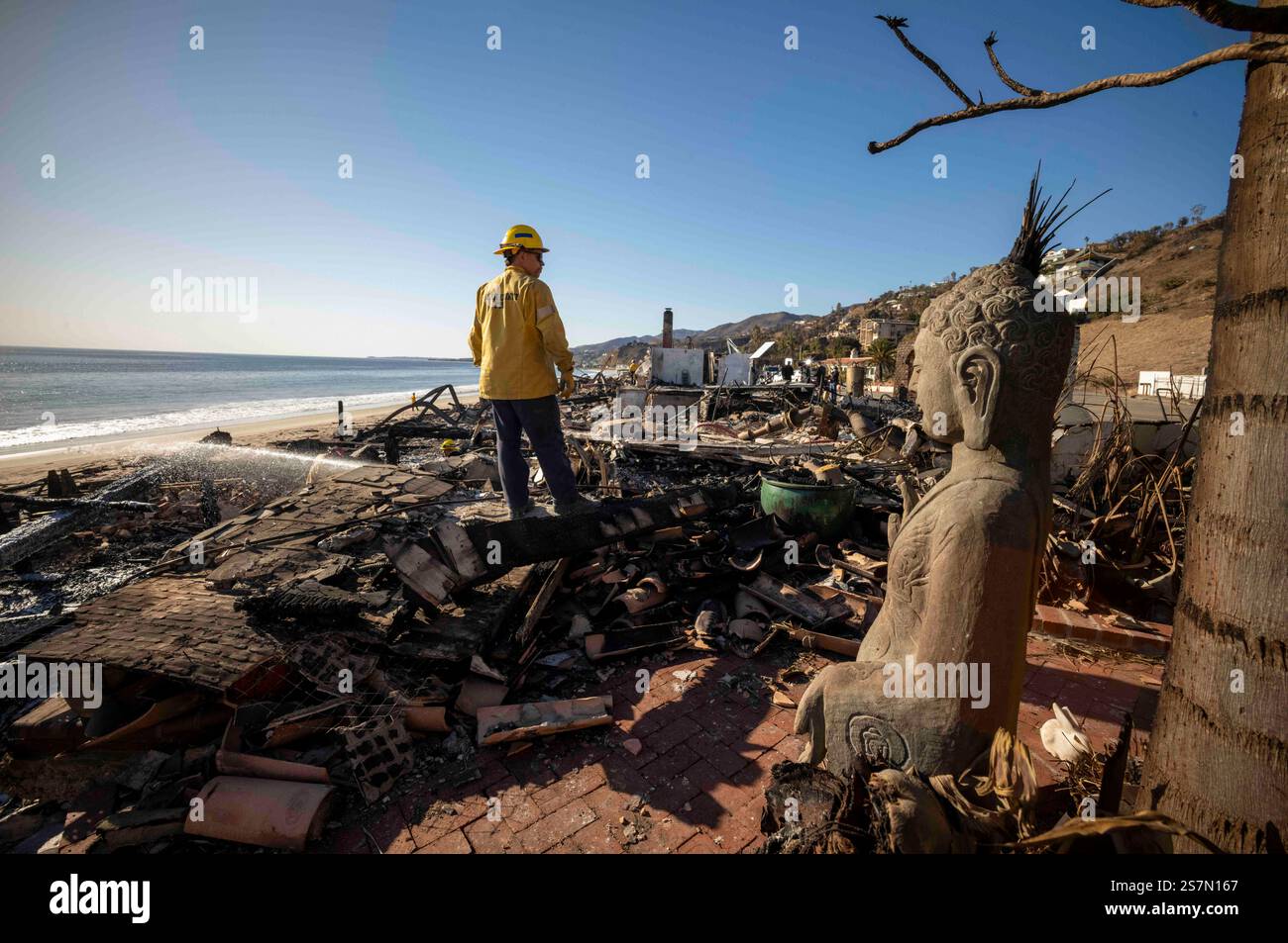 Malibu, California, USA. 15th Jan, 2025. Damaged structures are seen after the Palisades Fire ...