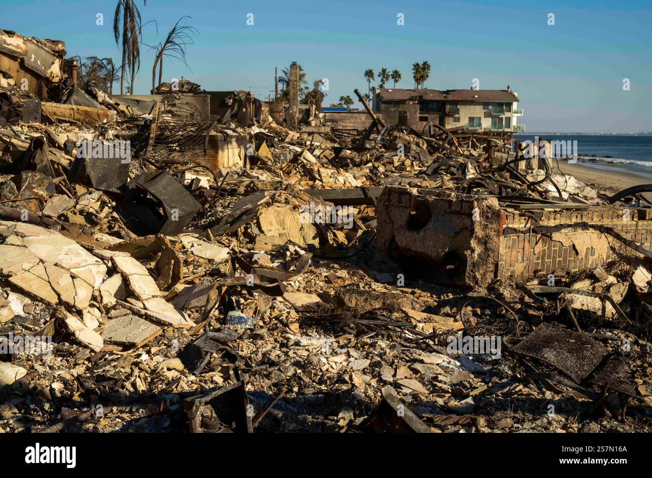 Malibu, California, USA. 15th Jan, 2025. Damaged structures are seen after the Palisades Fire ...