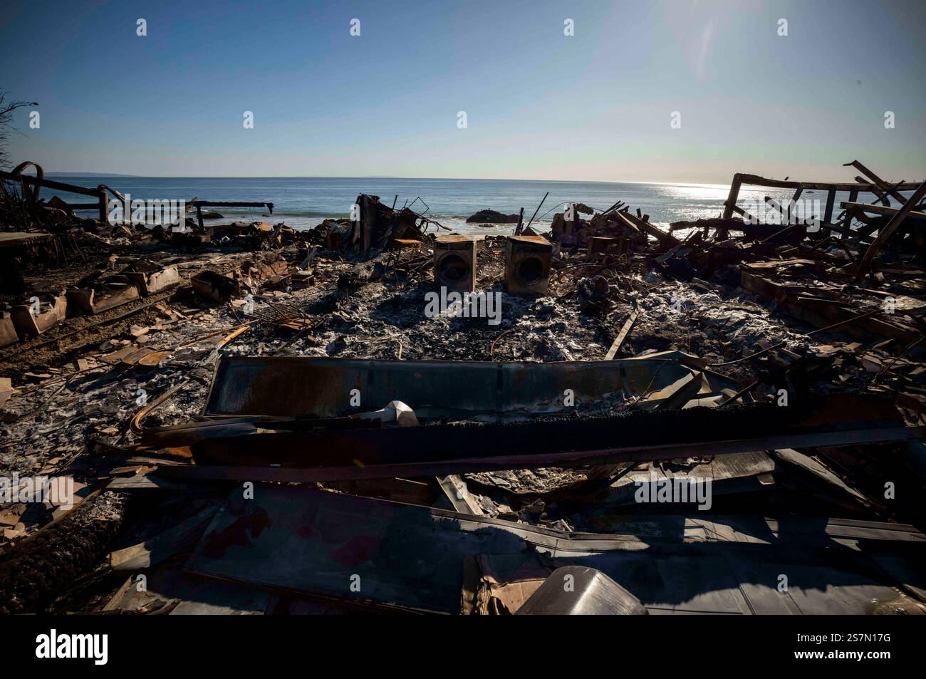 Malibu, California, USA. 15th Jan, 2025. Damaged structures are seen after the Palisades Fire ...