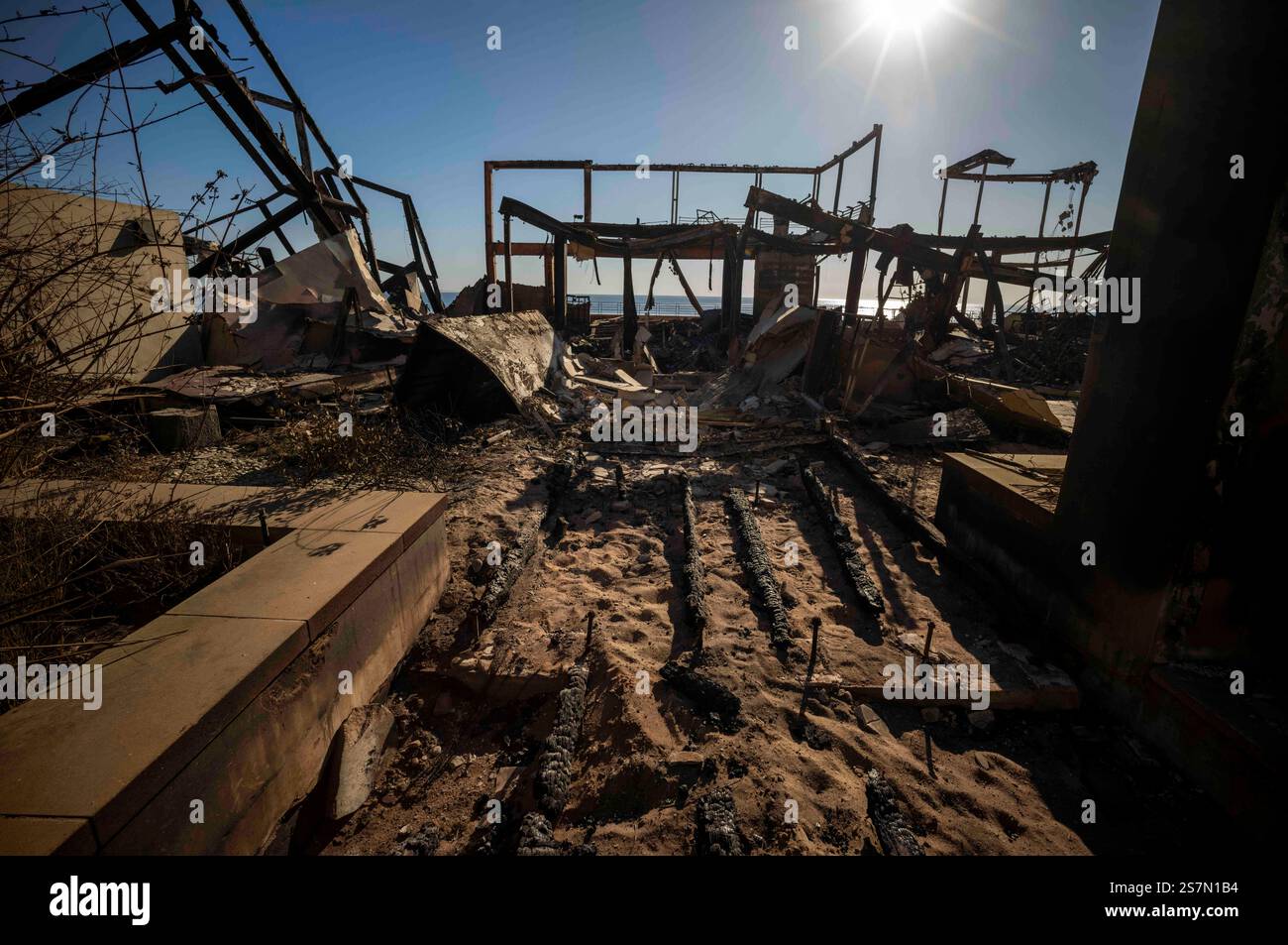 Malibu, California, USA. 15th Jan, 2025. Damaged structures are seen after the Palisades Fire ...