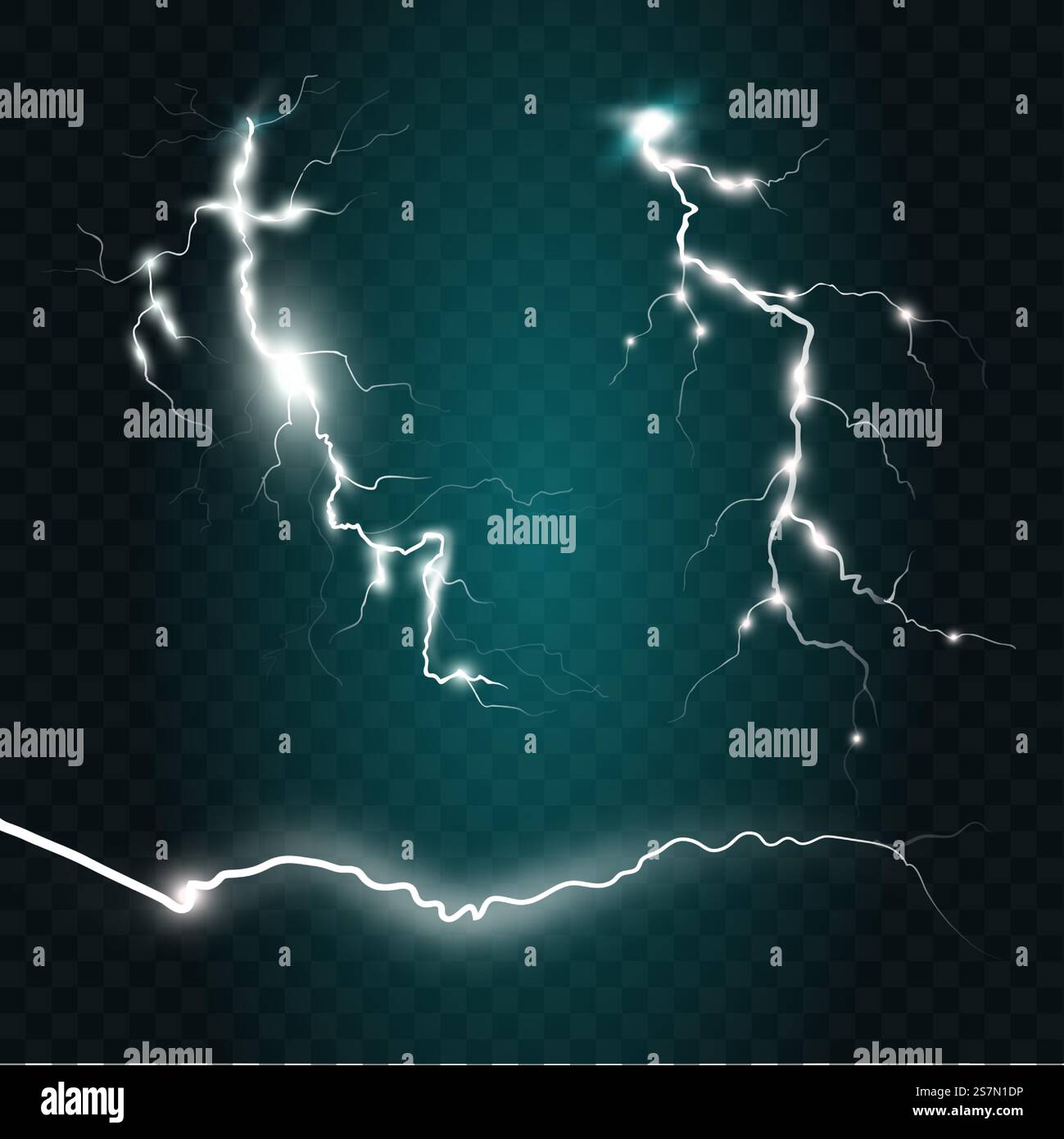 Set of isolated lightning effects on blue background. Thunder-storm magic and bright lightning ...