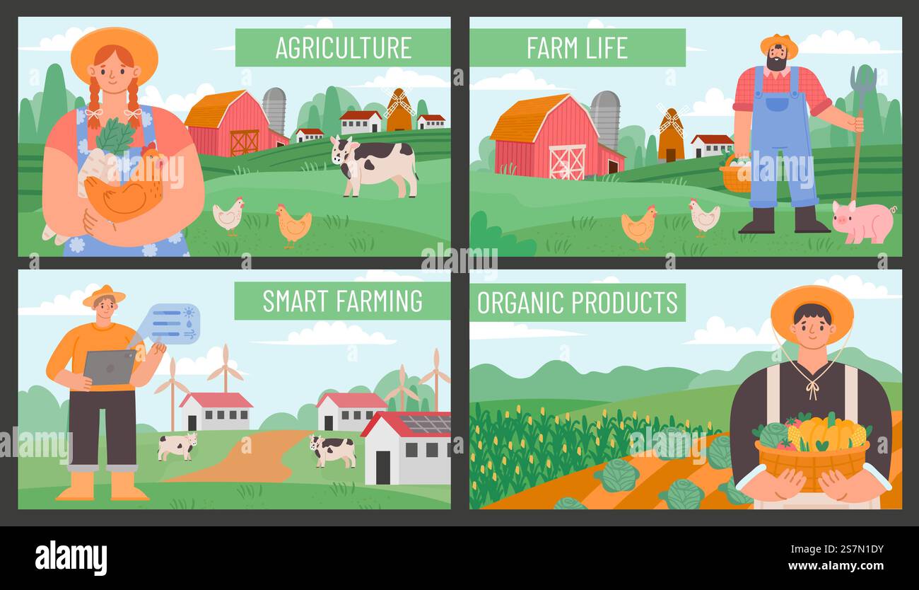 Farm banners. Posters with countryside agriculture landscape and ...