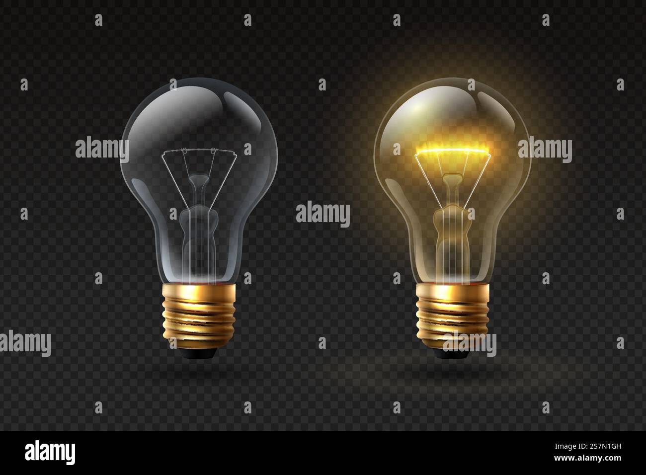 Realistic light bulb. On and off glass electric lightbulbs with ...