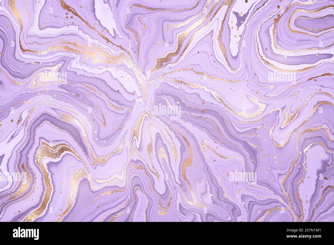 Abstract lavender liquid marbled watercolor background with golden ...