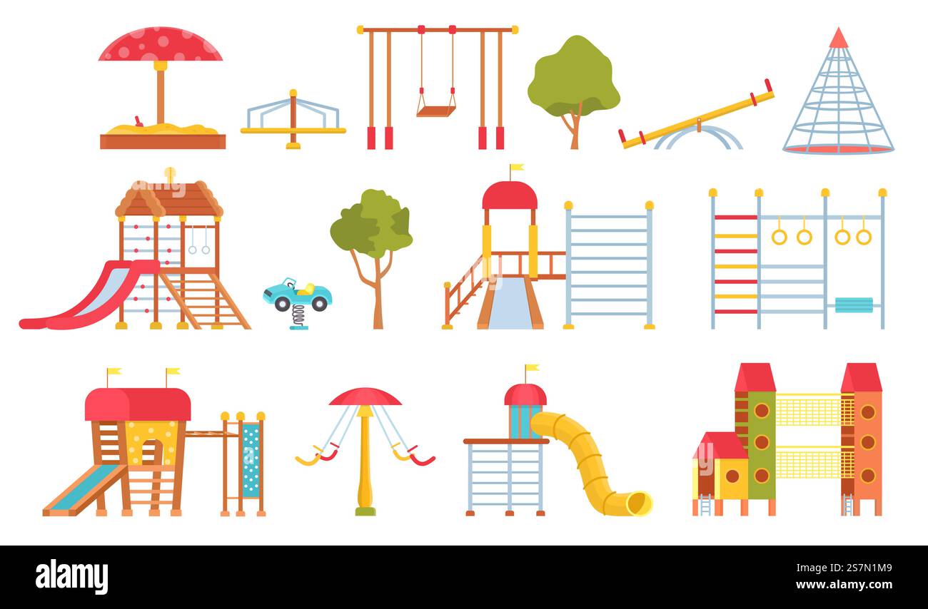 Playground equipment. Kids park carousels, swings and game modules with ...