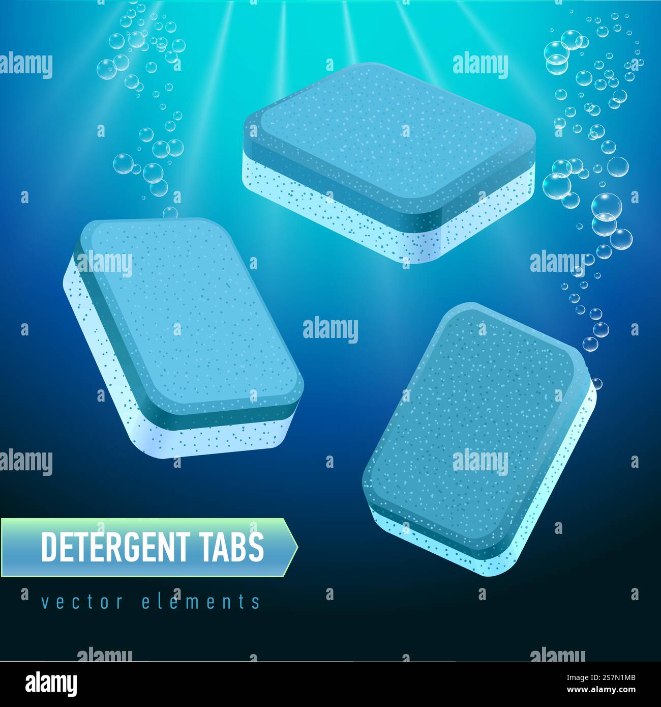 Dishwasher detergent tablet from different angles. Blue and White soap tabs on deep blue water ...