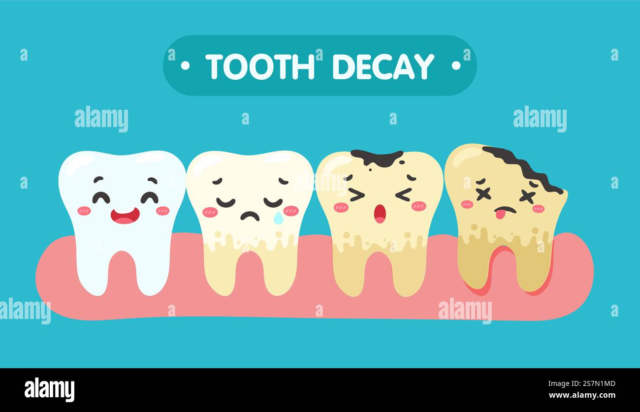 Cartoon teeth and gums inside the mouth are happy with the problem of ...
