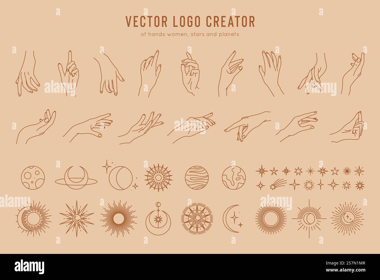 Vector logo creator of linear hand gestures, moon phases, stars, sun ...