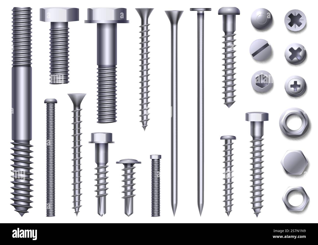Realistic metal bolts, steel nuts, rivets and screws. Stainless ...