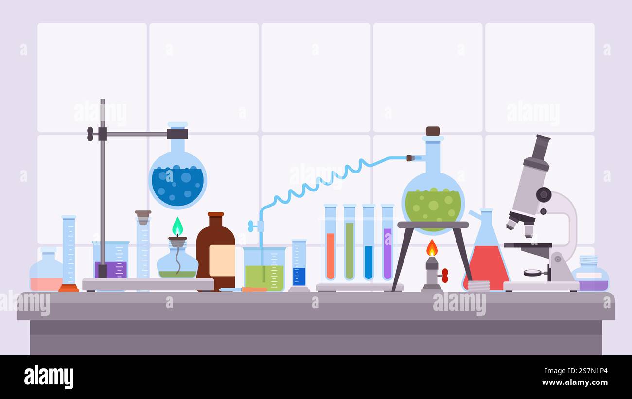 Flat science laboratory experiment with glass beakers and flask ...