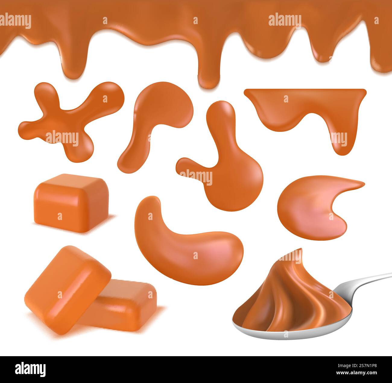 Realistic toffee melted caramel border, puddles and candy. Peanut ...