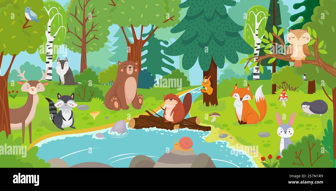 Cartoon forest animals. Wild bear, funny squirrel and cute birds on ...