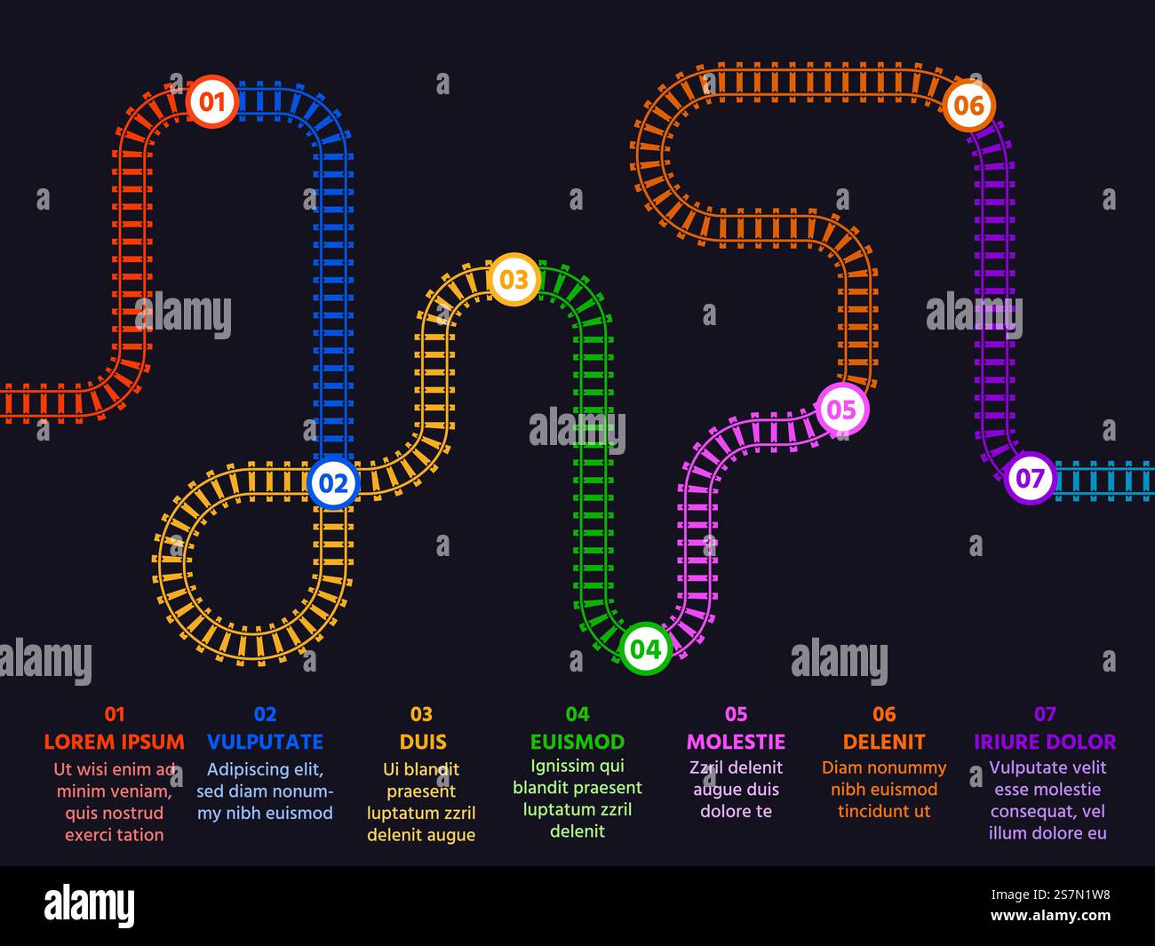 Steps or options infographic with railway track map and numbers ...