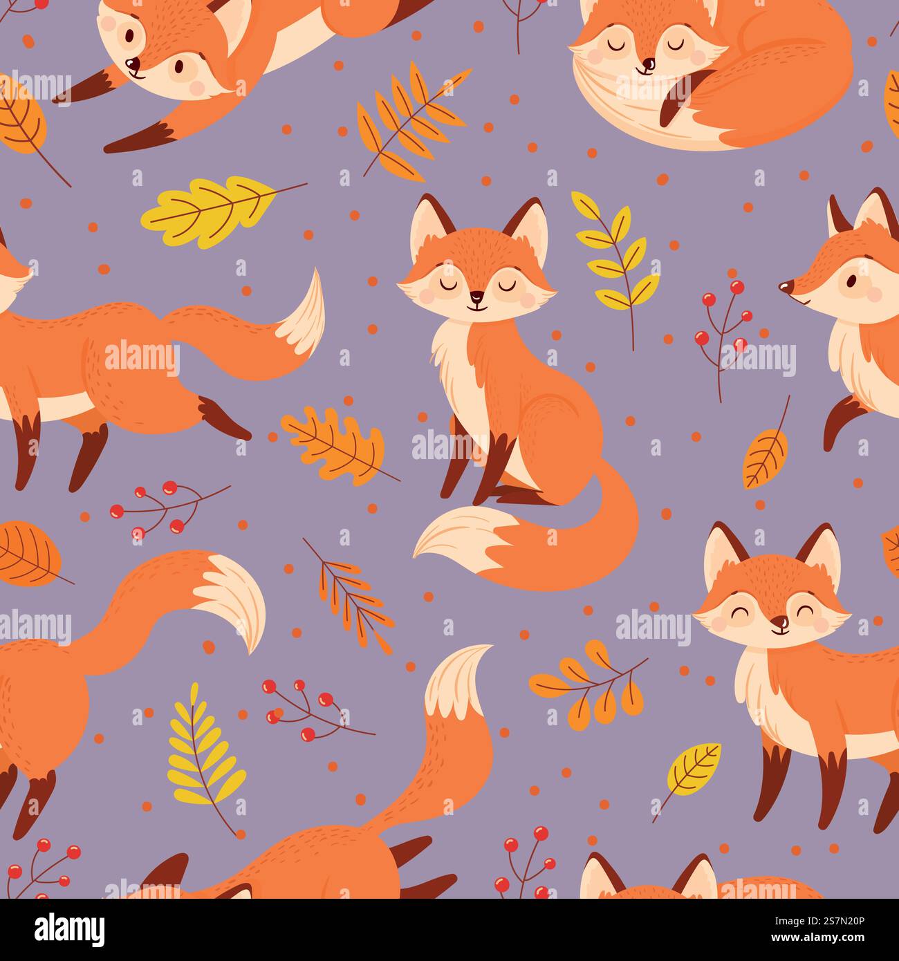 Seamless foxes pattern. Autumn fox, cute orange animal poster. Golden season foxy with leaf ...