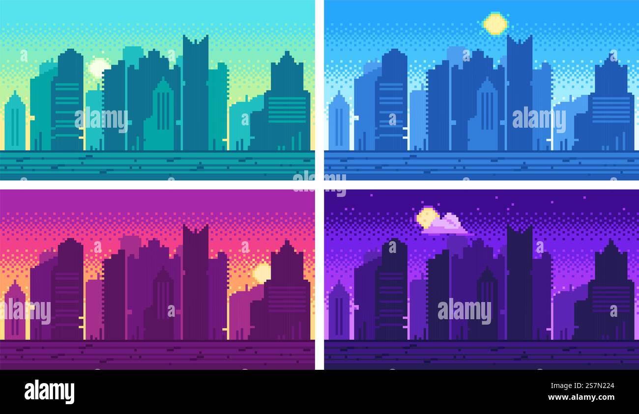 Pixel art cityscape. Town street 8 bit city landscape, night and ...