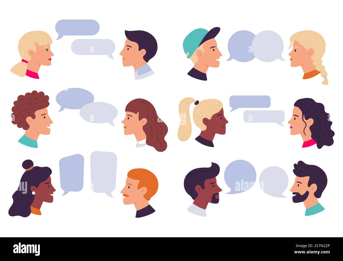 Speaking people. Couple conversation, dialogue bubbles and chat avatars ...