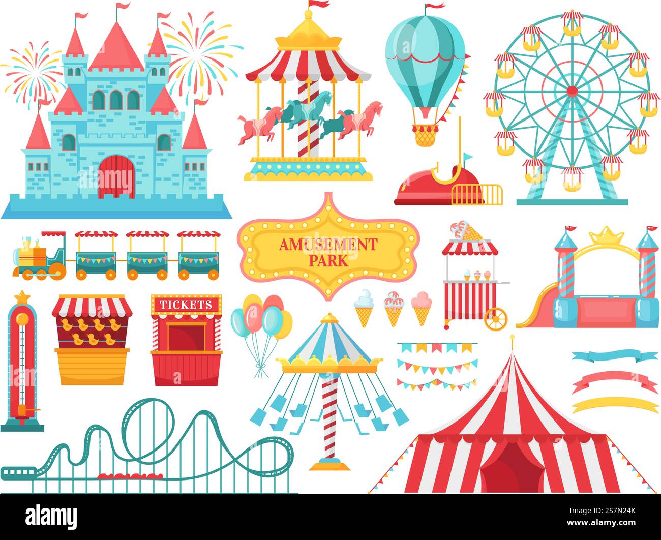 Amusement park attractions. Carnival kids carousel, ferris wheel ...