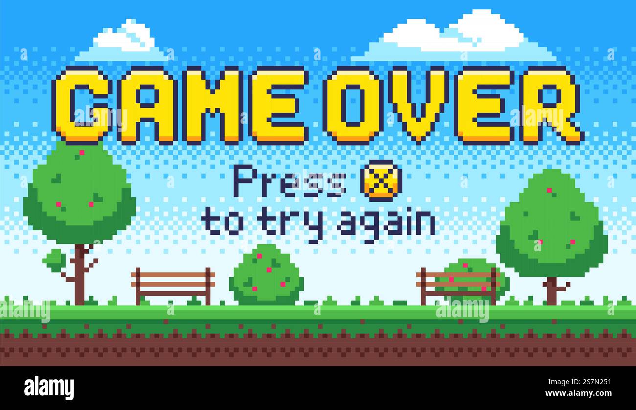 Game over screen. Retro 8 bit arcade games, old pixel video game end ...