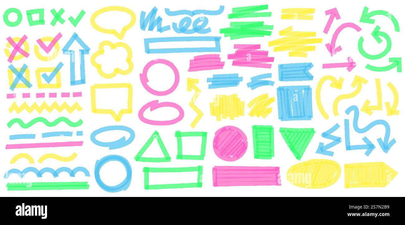 Color highlight marker strokes. Colorful markers cross and tick mark ...