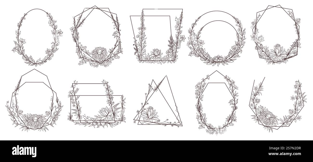 Hand drawn floral geometric frames. Flower, leaves and branches wreath ...