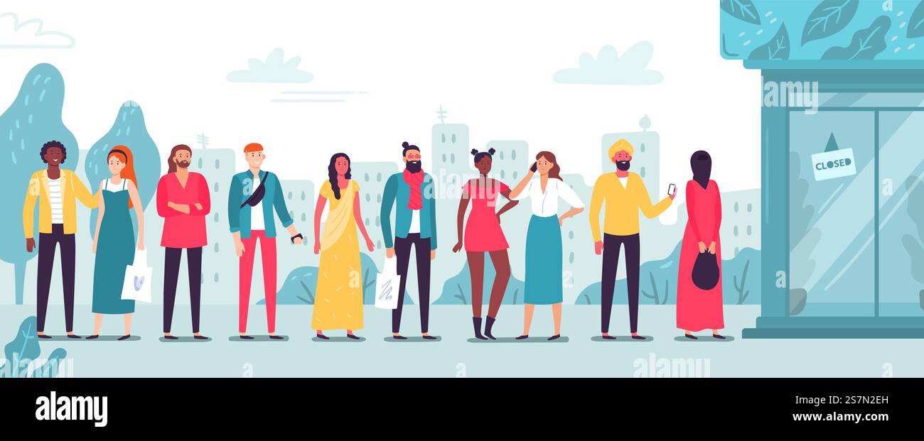 People in line at store. Waiting long lines, buyers standing outside ...