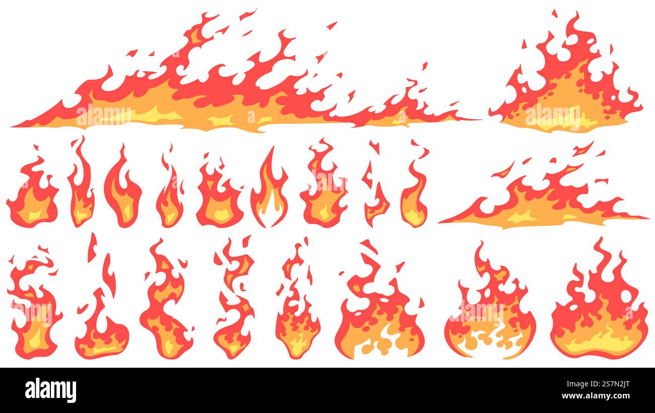 Cartoon fire flames. Fireball flame, red hot fire and campfire fiery ...