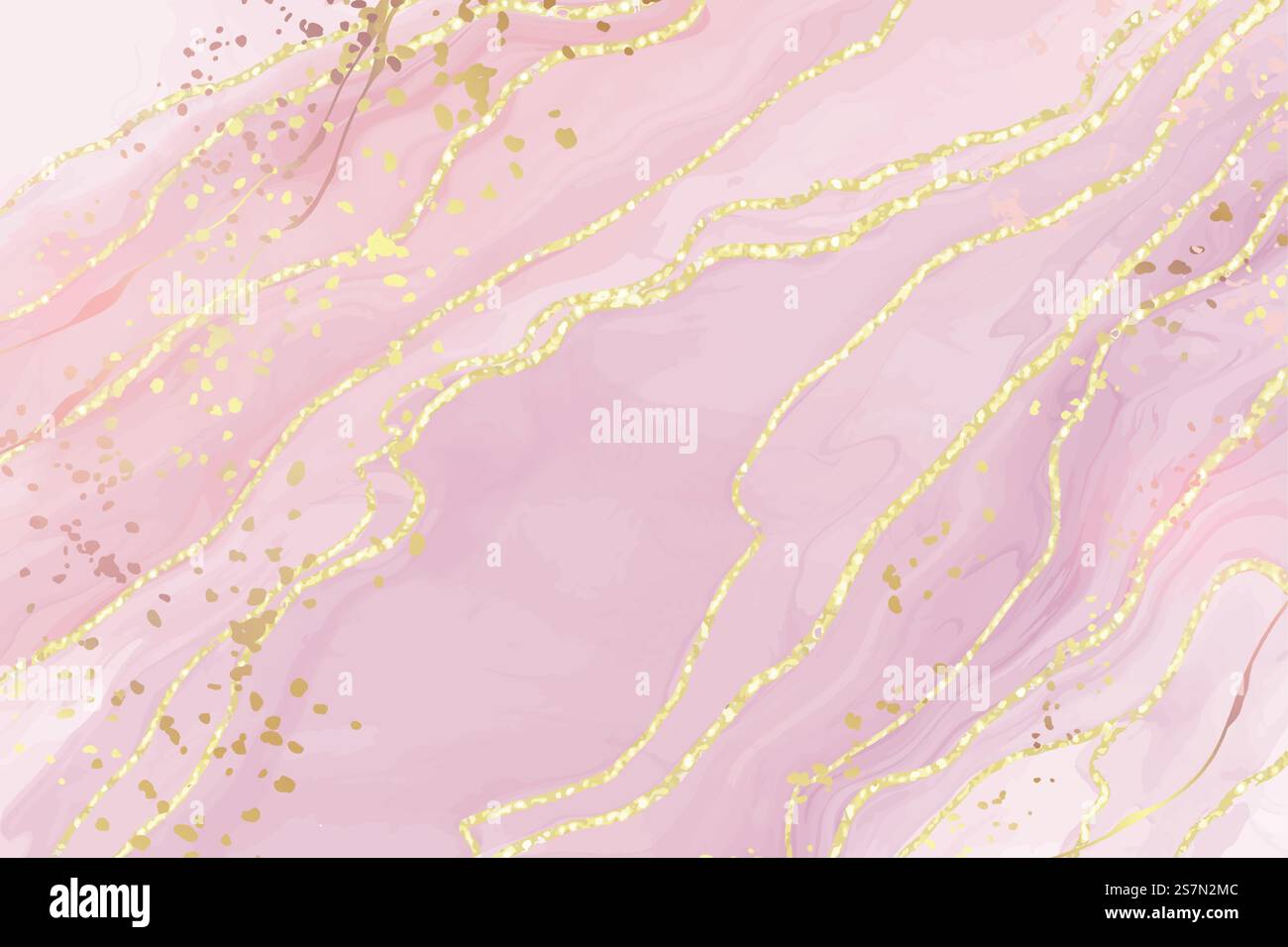 Abstract dusty pink liquid marbled watercolor background with golden ...