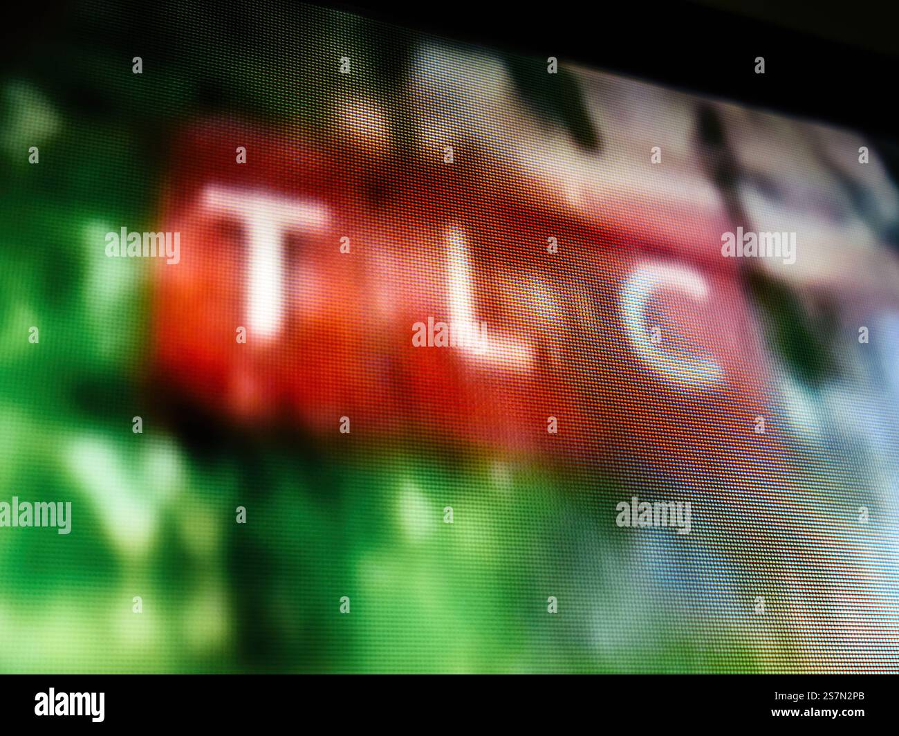 Haarlem, Netherlands - Aug 29, 2019: Close-up of the TLC channel logo ...