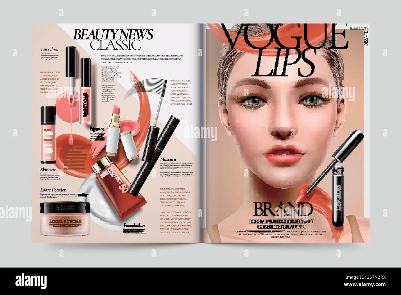 Cosmetic magazine ads, beautiful model with makeup accessories in 3d ...