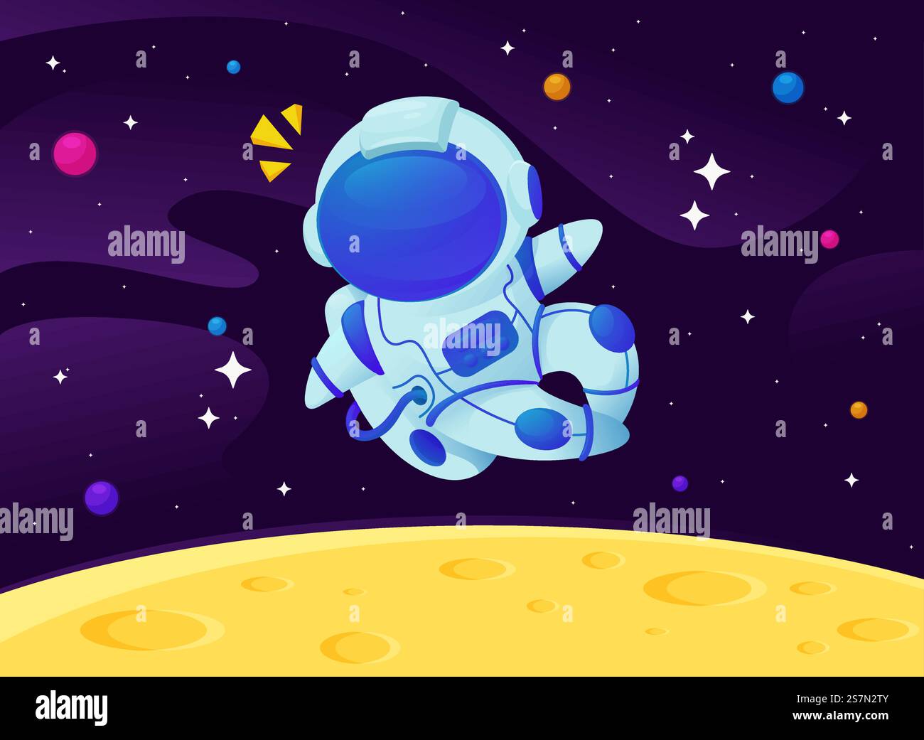 Vector cartoon astronauts floating in the galaxy with a sparkling star ...